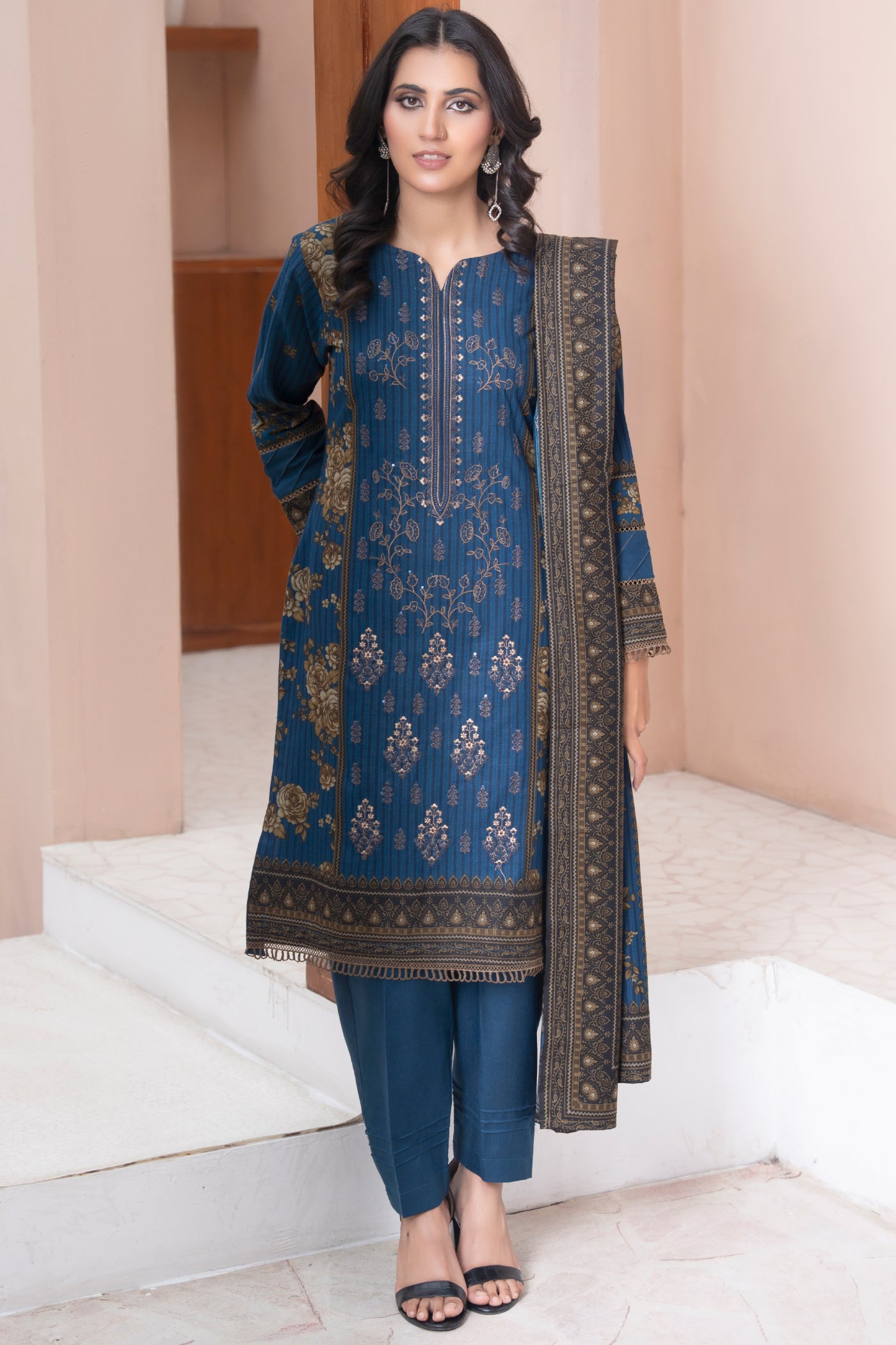 Pakistani Embroidered Navy Blue Dhanak Suit | Designer Rack – The ...